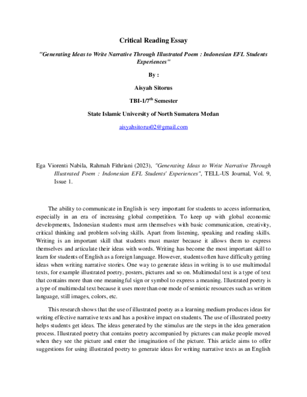 (PDF) Critical Reading Essay "Generating Ideas to Write Narrative ...