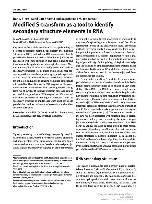 (PDF) Modified S-transform as a tool to identify secondary structure elements in RNA
