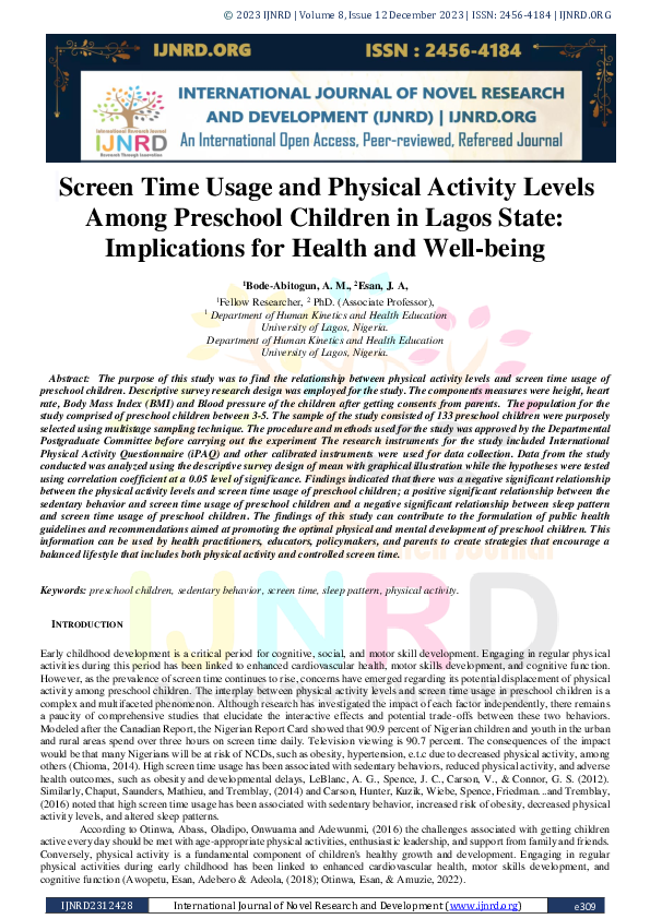 (PDF) Screen Time Usage and Physical Activity Levels Among Preschool ...
