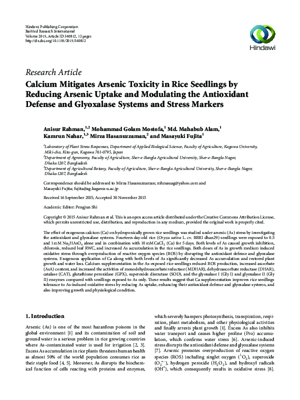 (PDF) Calcium Mitigates Arsenic Toxicity in Rice Seedlings by Reducing ...