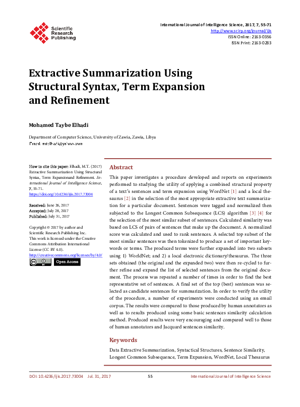(PDF) Extractive Summarization Using Structural Syntax, Term Expansion and Refinement