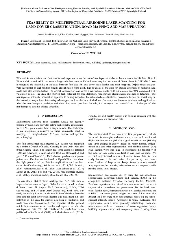Pdf Feasibility Of Multispectral Airborne Laser Scanning For Land Cover Classification Road