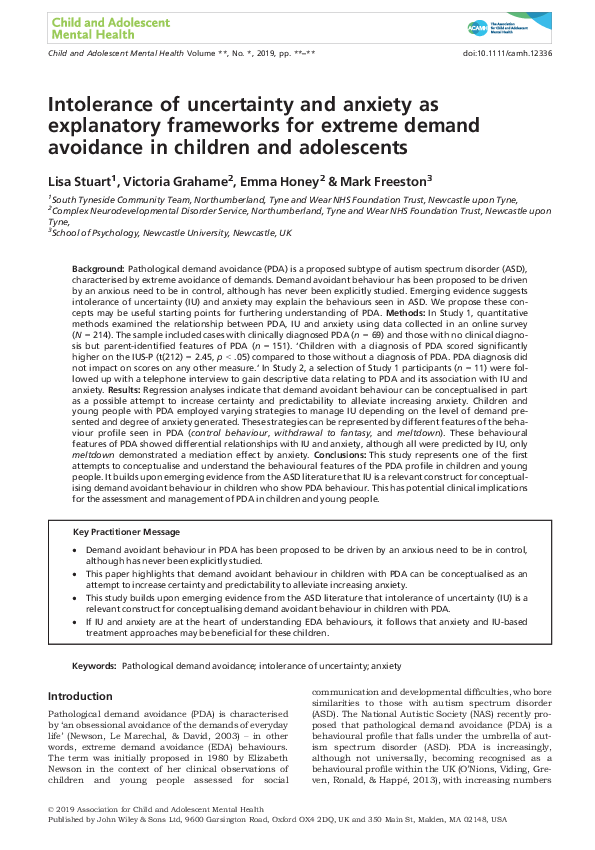 (PDF) Intolerance of uncertainty and anxiety as explanatory frameworks ...
