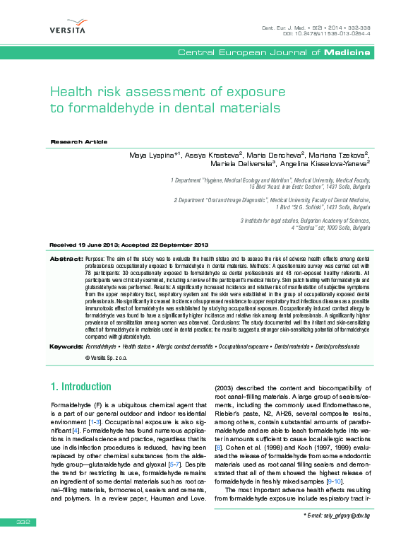 (PDF) Health risk assessment of exposure to formaldehyde in dental ...