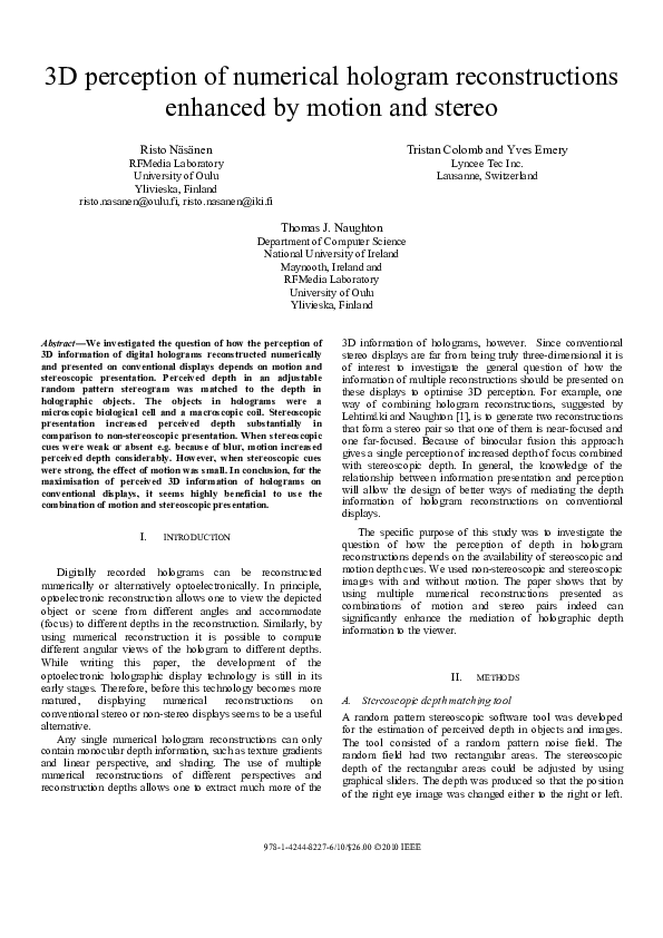 (PDF) 3D perception of numerical hologram reconstructions enhanced by motion and stereo