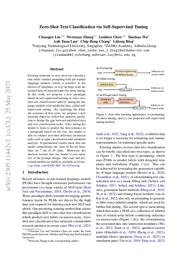 (PDF) Zero-Shot Text Classification via Self-Supervised Tuning