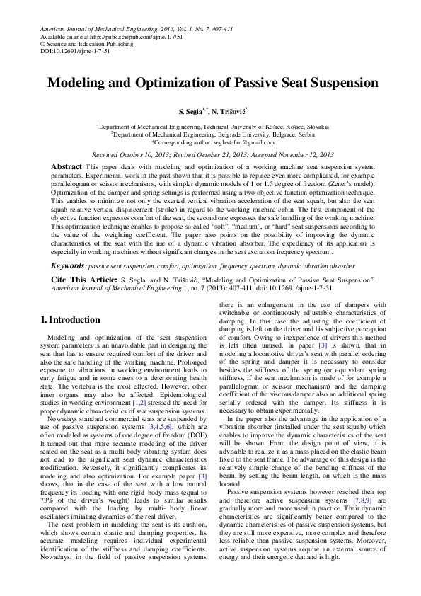 (PDF) Modeling and Optimization of Passive Seat Suspension