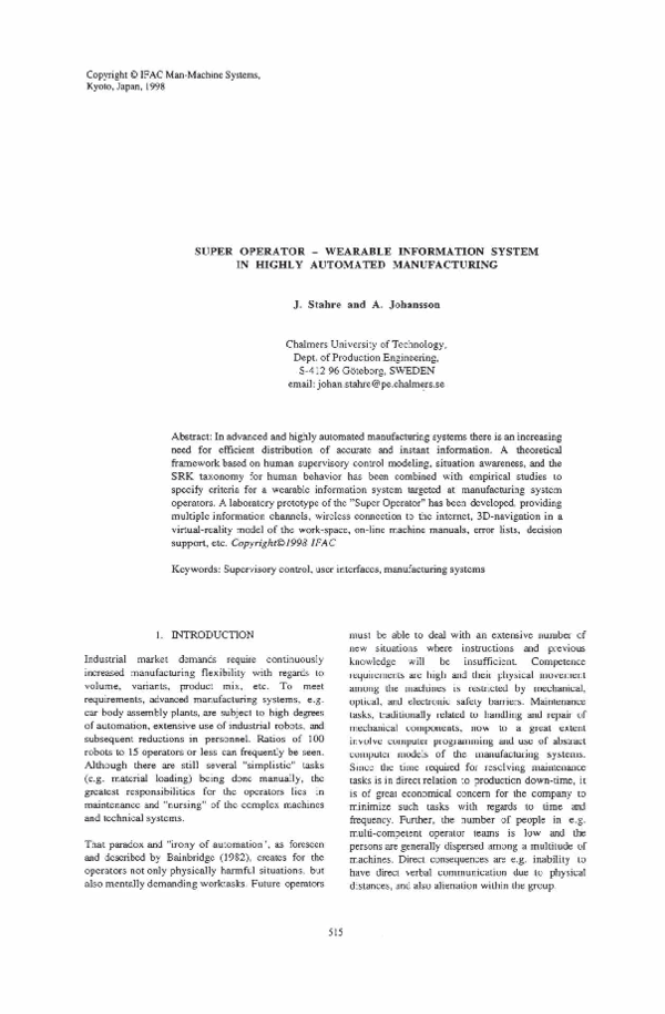 (PDF) Super Operator - Wearable Information System in Highly Automated Manufacturing