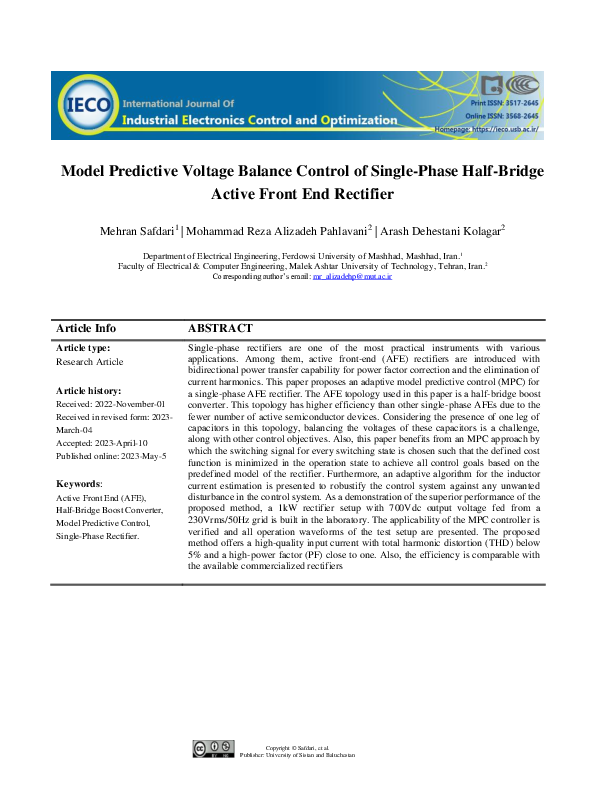 Pdf Model Predictive Voltage Balance Control Of Single Phase Half Bridge Active Front End