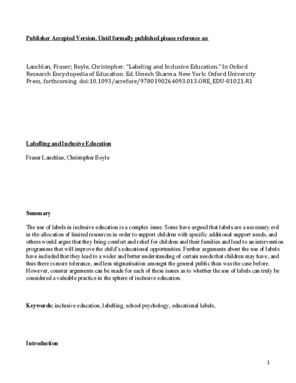 (PDF) Labeling and Inclusive Education