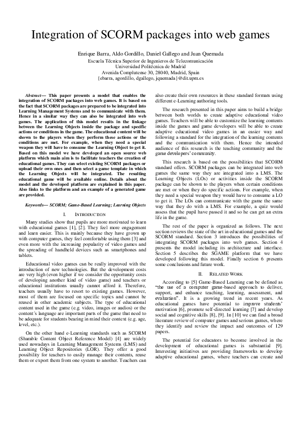(PDF) Integration of SCORM packages into web games