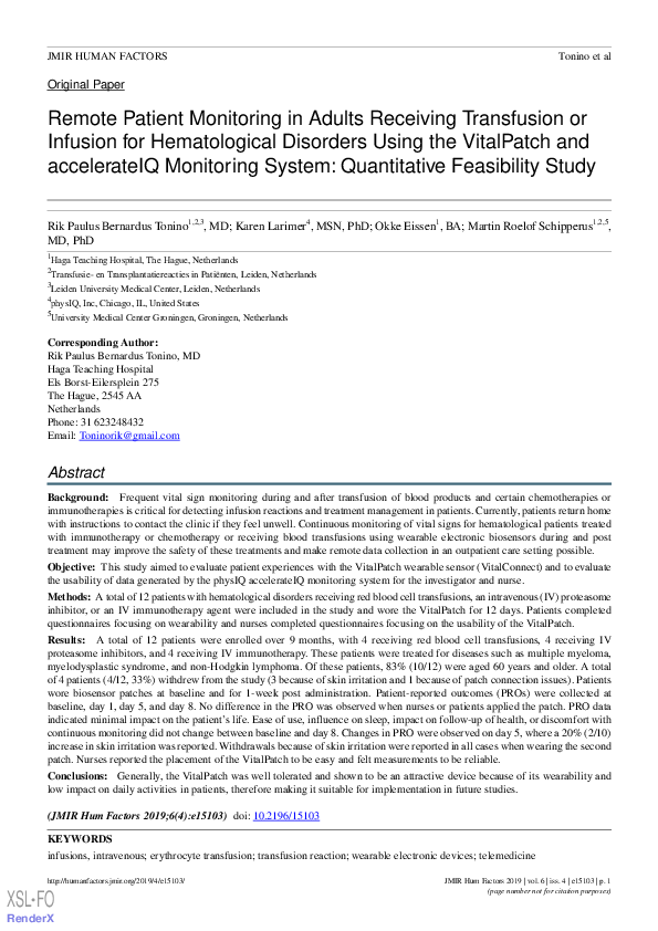 (PDF) Remote Patient Monitoring in Adults Receiving Transfusion or ...