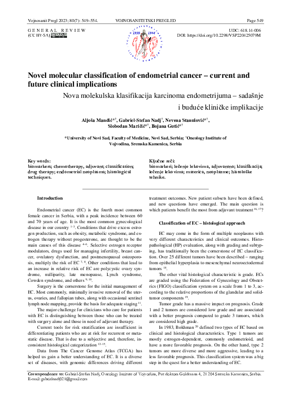 Pdf Novel Molecular Classification Of Endometrial Cancer Current