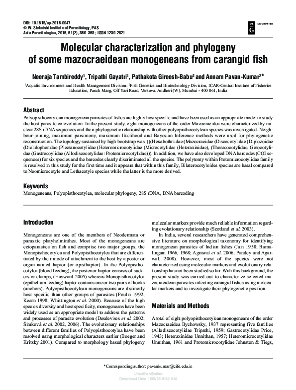 (PDF) Molecular characterization and phylogeny of some mazocraeidean ...