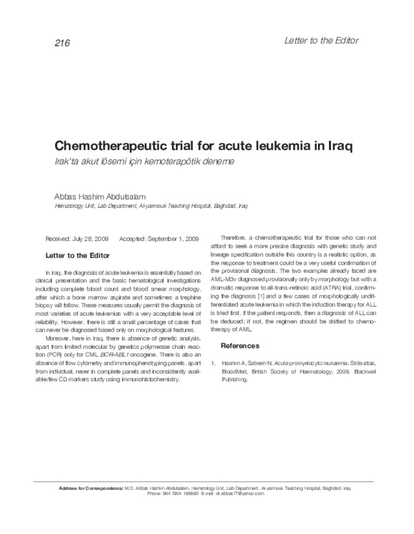 (PDF) Chemotherapeutic trial for acute leukemia in Iraq