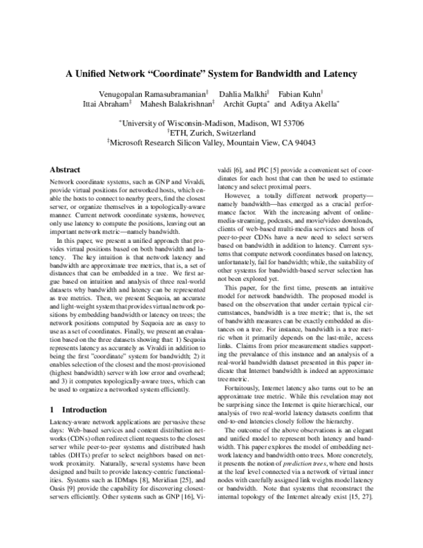 (PDF) A Unified Network Coordinate System for Bandwidth and Latency