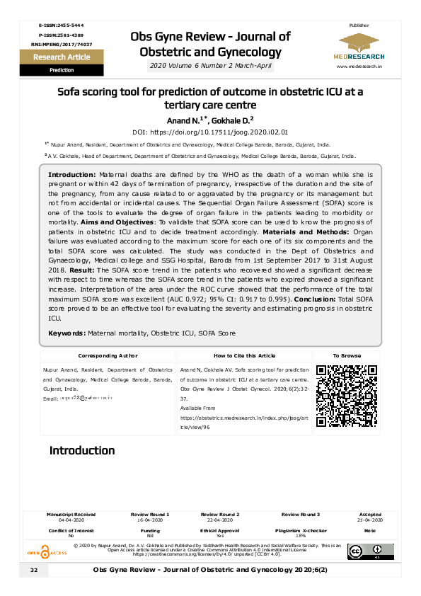 (PDF) Sofa scoring tool for prediction of outcome in obstetric ICU at a ...