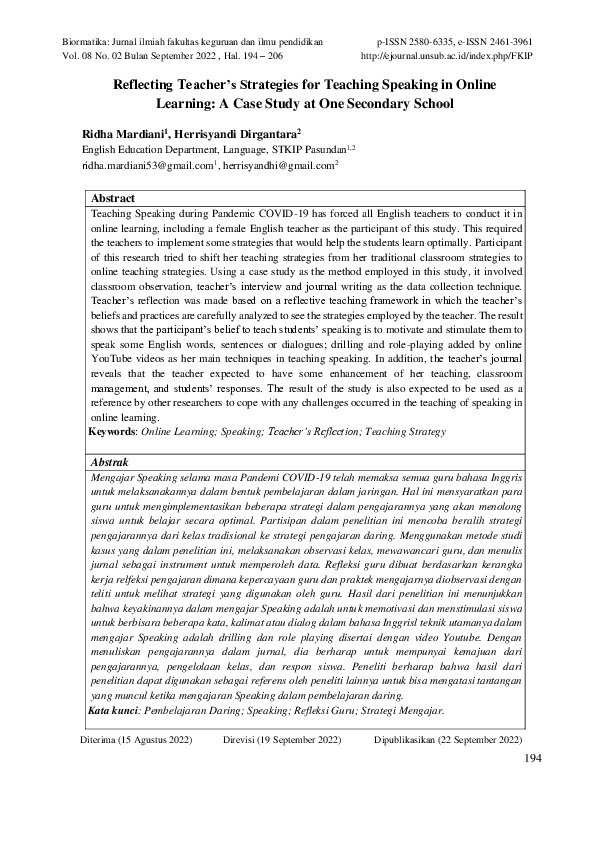 (PDF) Reflecting Teacher’s Strategies for Teaching Speaking in Online Learning: A Case Study ...