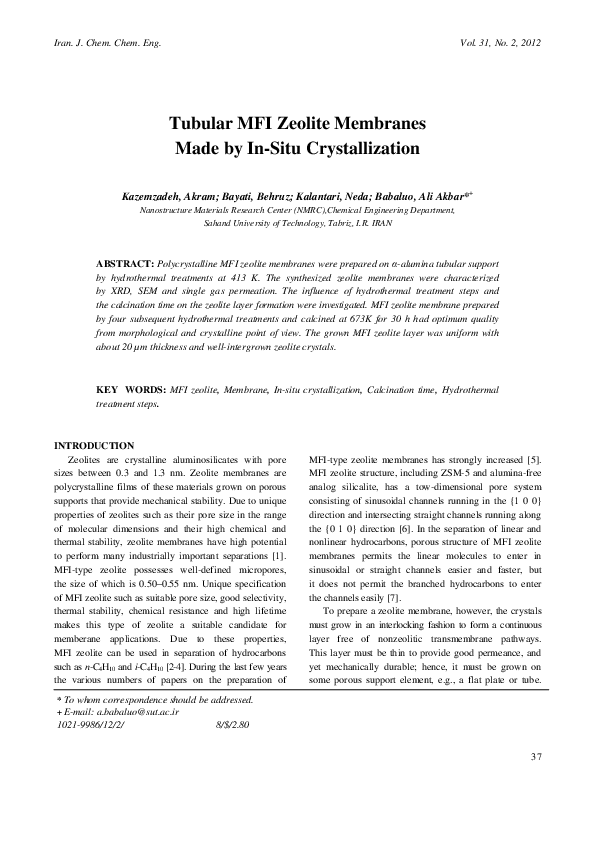 (PDF) Tubular Mfi Zeolite Membranes Made by In-Situ Crystallization