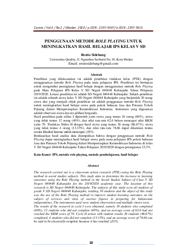 (PDF) Penggunaan Metode Role Playing Untuk Meningkatkan Hasil Belajar Ips Kelas V SD