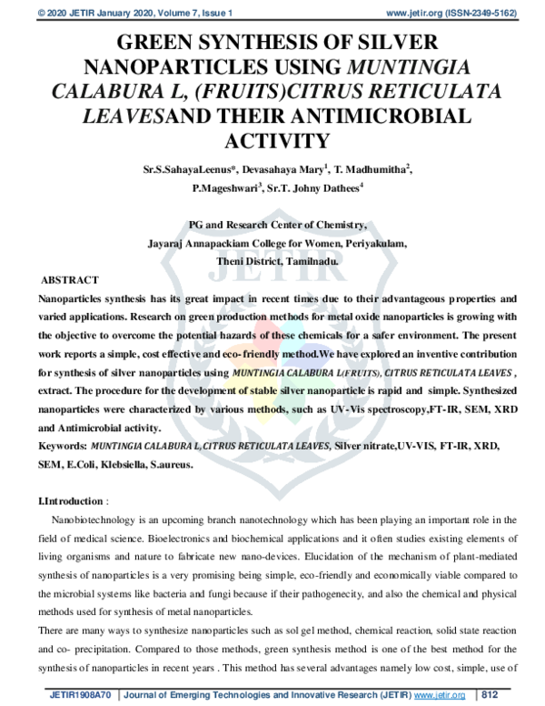 (PDF) Green Synthesis of Silver Nanoparticles Using Muntingia Calabura L, (Fruits)Citrus ...