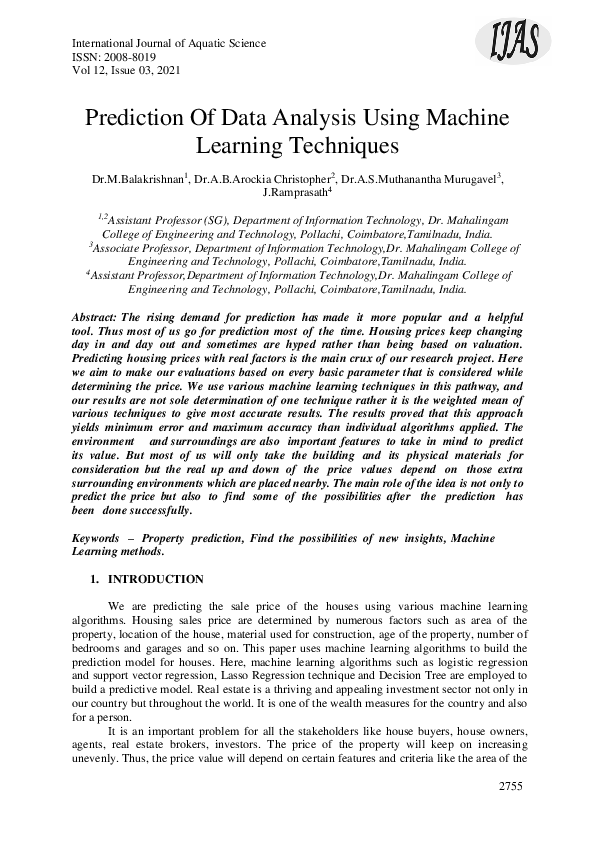 (PDF) Prediction Of Data Analysis Using Machine Learning Techniques
