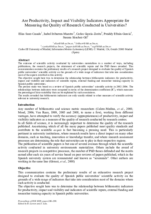 (PDF) Are productivity, impact and visibility indicators appropriate ...