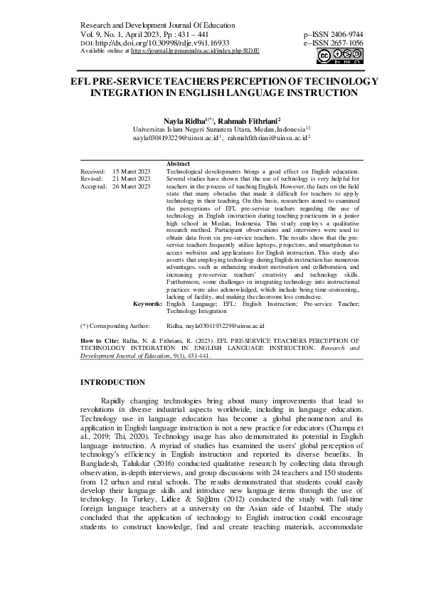 (PDF) Efl Pre-Service Teachers Perception of Technology Integration in English Language Instruction