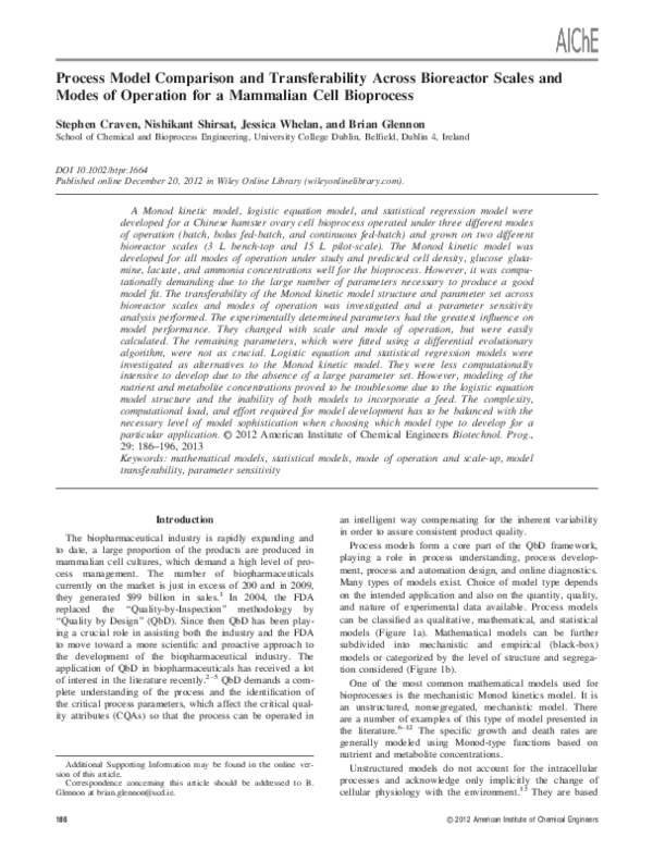 (PDF) Process model comparison and transferability across bioreactor scales and modes of ...