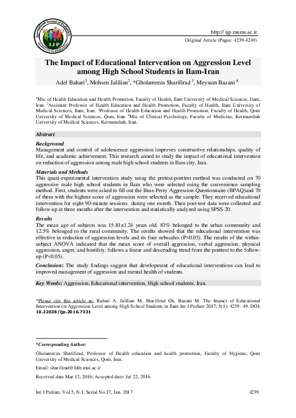 (PDF) The Impact of Educational Intervention on Aggression Level among High School Students in ...