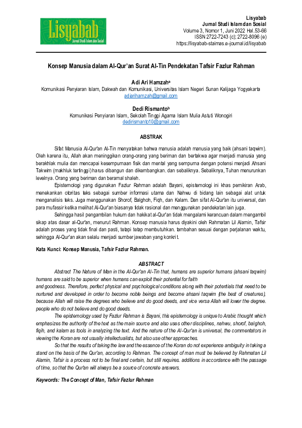 (PDF) Konsep Manusia dalam Al-Qur’an Surat Al-Tin Pendekatan Tafsir Fazlur Rahman