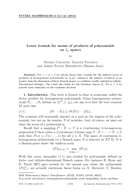 (PDF) Lower bounds for norms of products of polynomials on Lpspaces