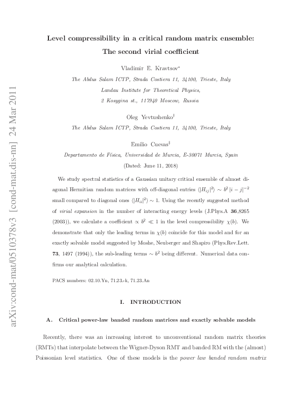 (PDF) Level compressibility in a critical random matrix ensemble: the second virial coefficient