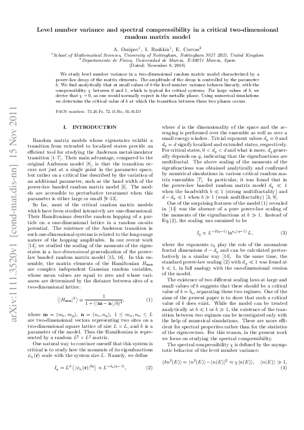 (PDF) Level-number variance and spectral compressibility in a critical two-dimensional random ...