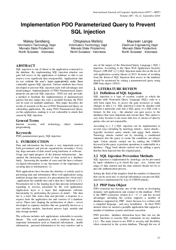 (PDF) Implementation PDO Parameterized Query to Prevent SQL Injection ... (PDF) Implementation PDO Parameterized Query to Prevent SQL Injection ...