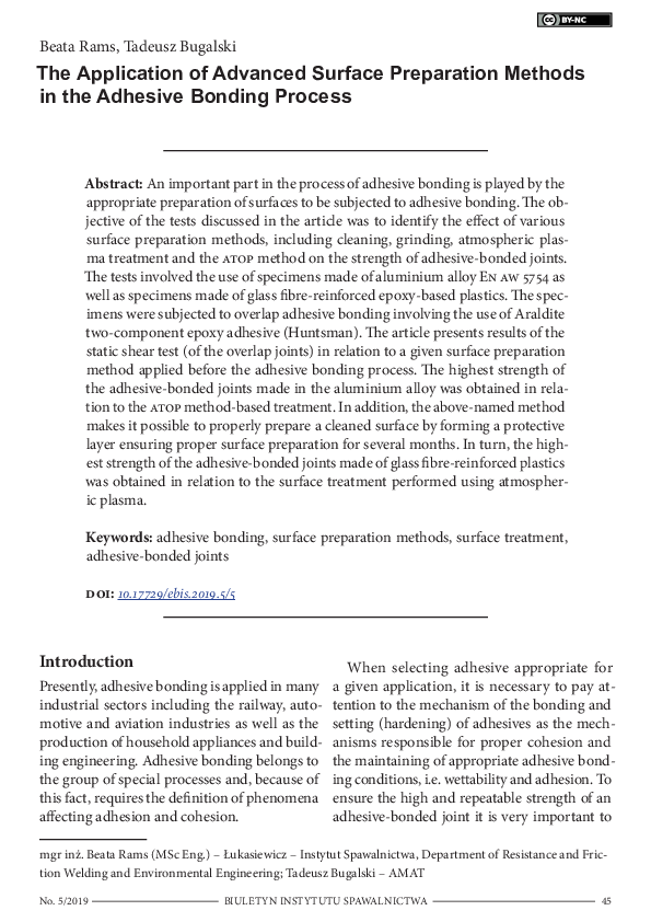 (PDF) The Application of Advanced Surface Preparation Methods in the Adhesive Bonding Process