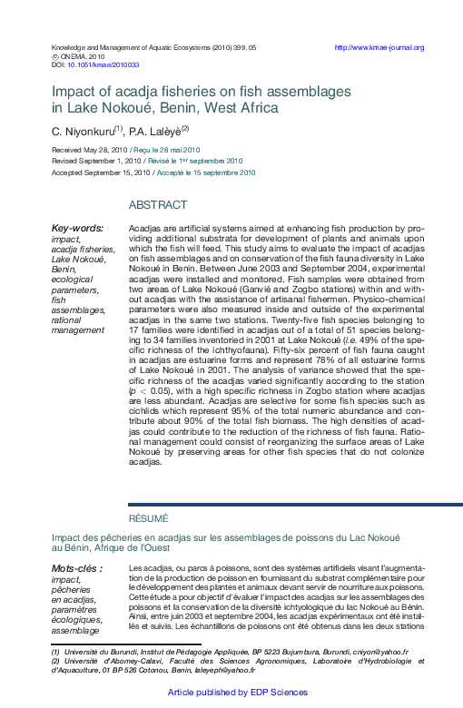 (PDF) Impact of acadja fisheries on fish assemblages in Lake Nokoué ...