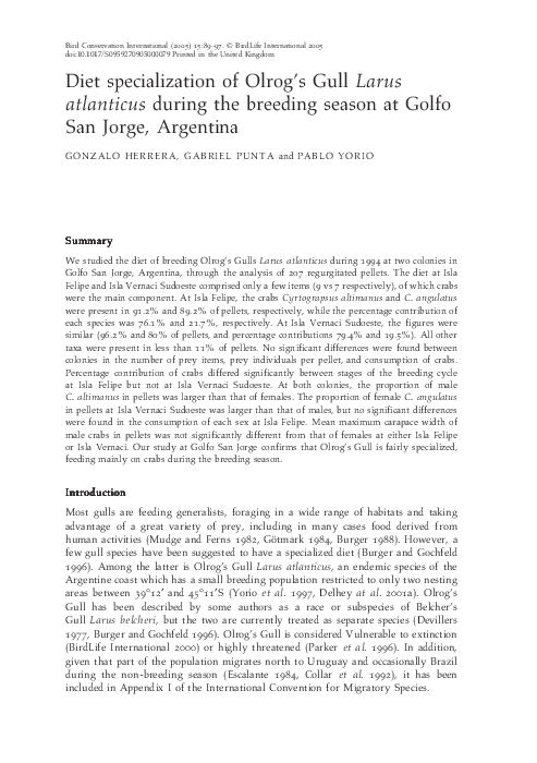(PDF) Diet specialization of Olrog's Gull Larus atlanticus during the ...