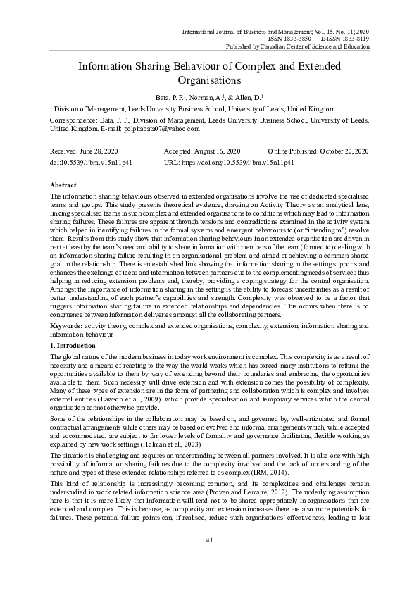 (PDF) Information Sharing Behaviour of Complex and Extended Organisations