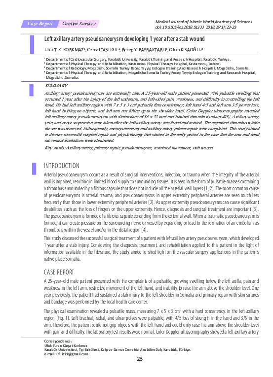 (PDF) Left axillary artery pseudoaneurysm developing 1 year after a ...