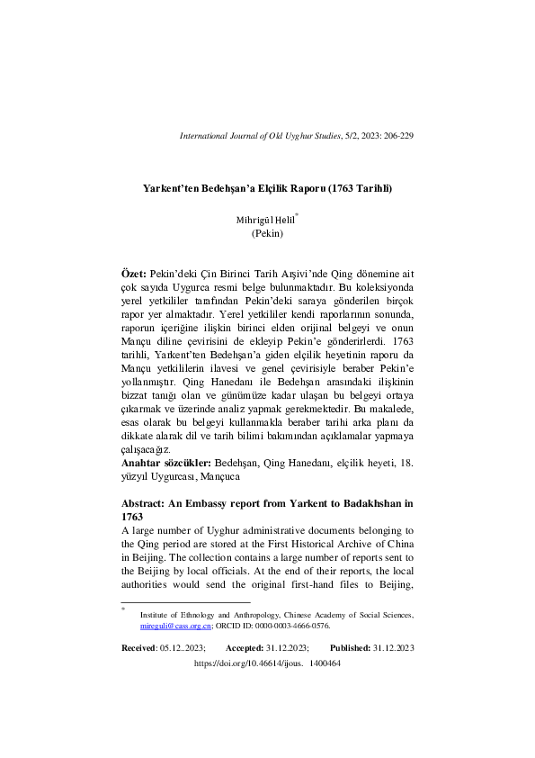 (PDF) Yarkent’ten Bedehşan’a Elçilik Raporu (1763 Tarihli)