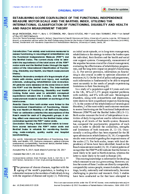 (PDF) Establishing score equivalence of the Functional Independence ...