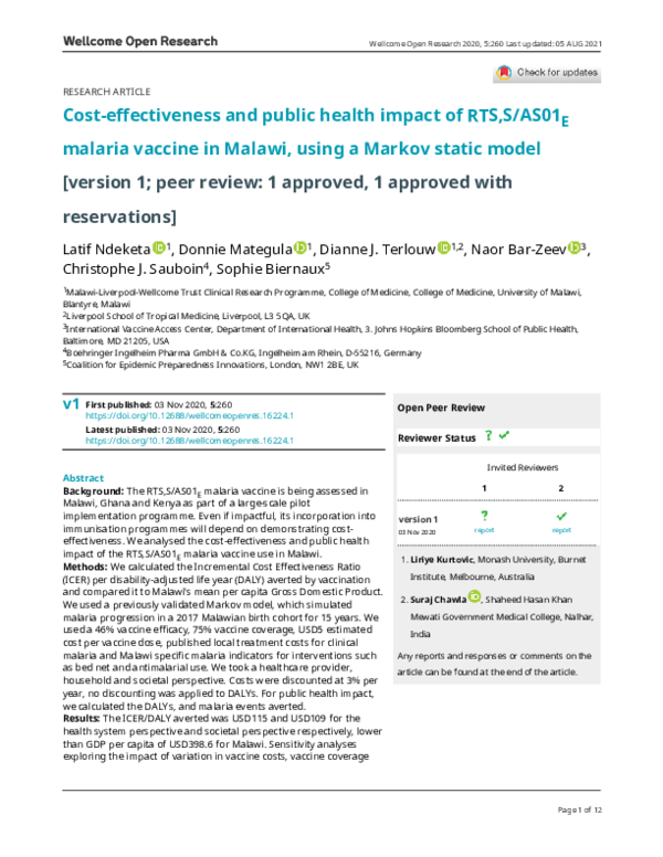 (PDF) Cost-effectiveness and public health impact of RTS,S/AS01E ...