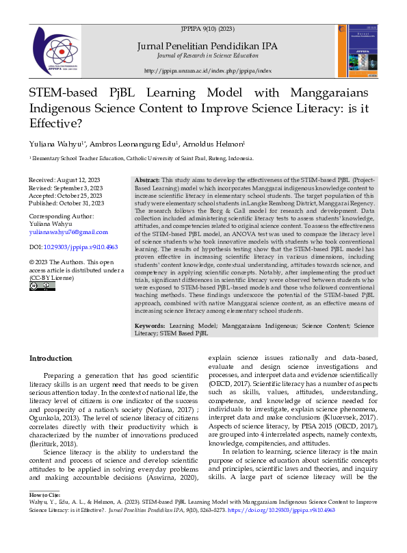 (PDF) STEM-based PjBL Learning Model with Manggaraians Indigenous Science Content to Improve ...
