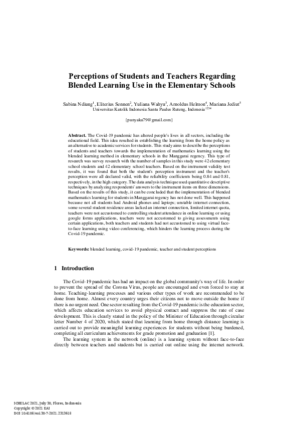 (PDF) Perceptions of Students and Teachers Regarding Blended Learning Use in the Elementary Schools