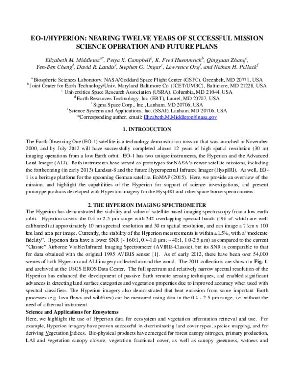 (PDF) EO-1/Hyperion: Nearing Twelve Years of Successful Mission Science ...