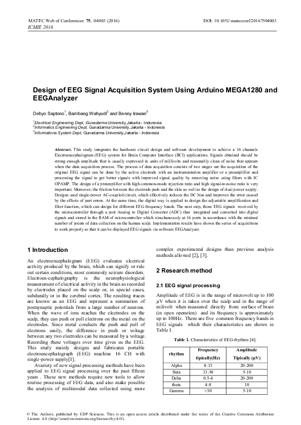 (PDF) Design of EEG Signal Acquisition System Using Arduino MEGA1280 and EEGAnalyzer