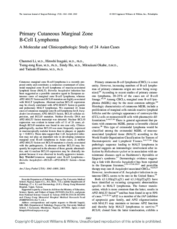 (PDF) Primary Cutaneous Marginal Zone B-Cell Lymphoma, a rising pathology