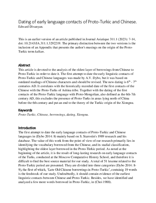 (PDF) Dating of early language contacts of Proto-Turkic and Chinese