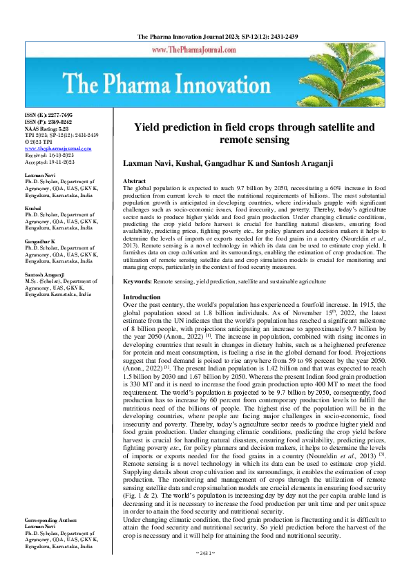 (PDF) Yield prediction in field crops through satellite and remote sensing